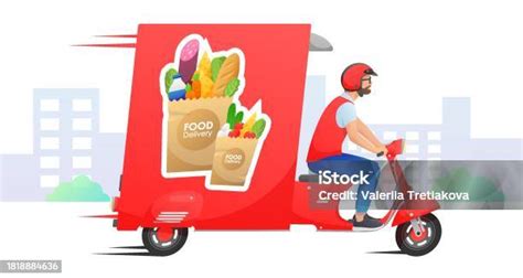 빨간 복고풍 빠른 배달 자동차 흰색 배경에 음식 식료품 가방 및 택배가 있는 트럭 디자인 전단지 포스터 배너 웹 광고에 대 한 벡터 일러스트 레이 션 배달부에 대한 스톡