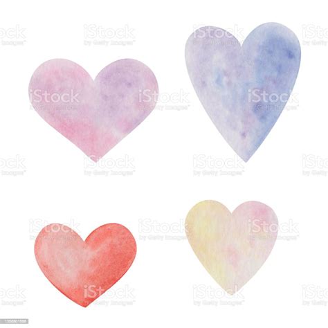 흰색으로 분리 된 그라데이션이있는 빨간색 분홍색 파란색 하트의 수채화 그림 생일 엽서 결혼 초대를위한 요소의 클립 아트 디자인 세트 발렌타인 데이를위한 러브 카드 개체