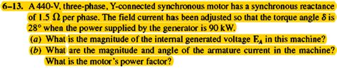 Solved A V Three Phase Y Connected Synchronous Motor Chegg