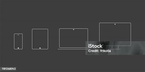 장치 아이콘 스마트폰 태블릿 랩톱 및 데스크톱 컴퓨터 가는 선 검은 색 배경입니다 벡터 일러스트레이션 플랫 디자인 노트북에 대한 스톡 벡터 아트 및 기타 이미지 Istock