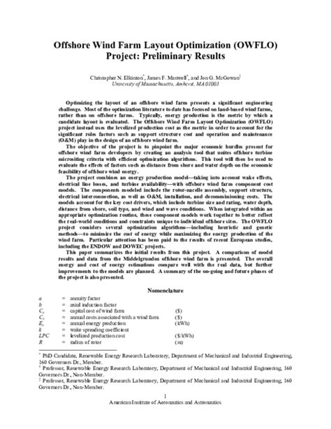 Pdf Offshore Wind Farm Layout Optimization Owflo Project