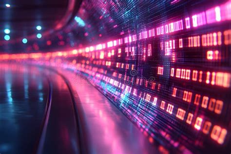 futuristic digital tunnel with vibrant neon lights and binary code for
