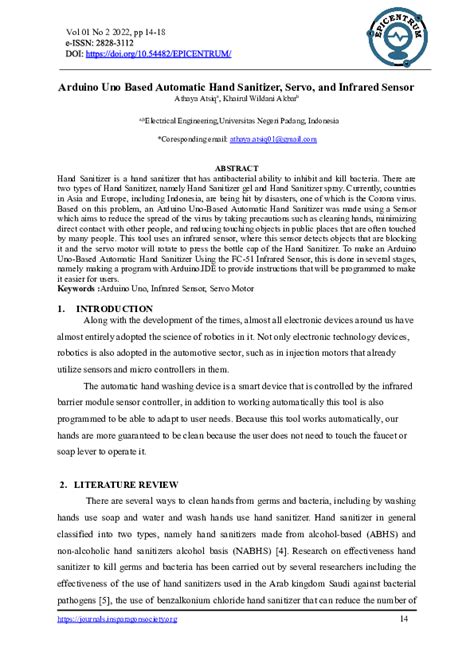 Pdf Arduino Uno Based Automatic Hand Sanitizer Servo And Infrared