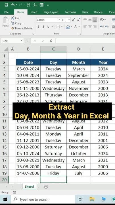 extract day month and year in excel excel exceltips exceltricks