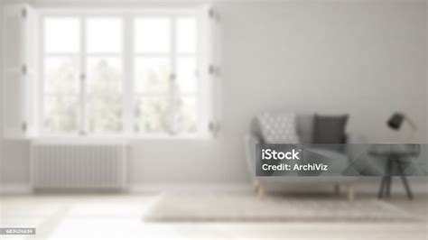 흐림 배경 인테리어 디자인 미니멀 한 거실 큰 창 스칸디나비아 고전과 간단한 흰색 생활 거실에 대한 스톡 사진 및 기타 이미지 Istock