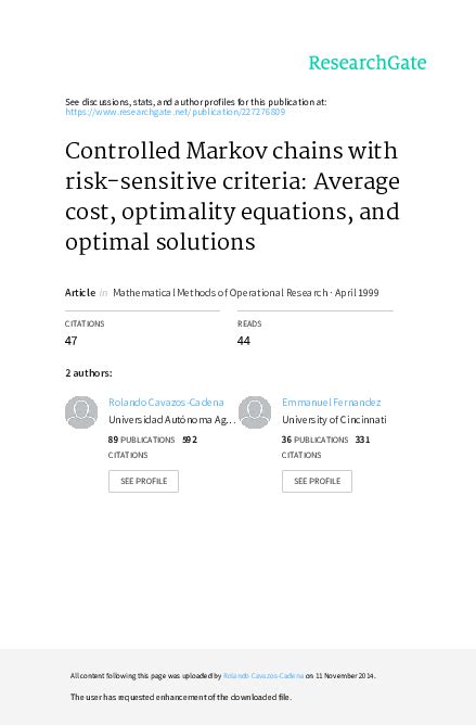 Pdf Controlled Markov Chains With Risk Sensitive Criteria Some