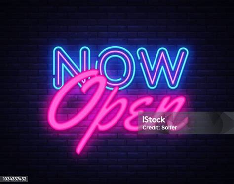 지금 네온 텍스트 벡터 디자인 서식 파일을 엽니다 이제 열 네온 로고 라이트 배너 디자인 요소 화려한 현대적인 디자인 트렌드 밤 밝은 광고 밝은 표시 벡터 일러스트 레이 션