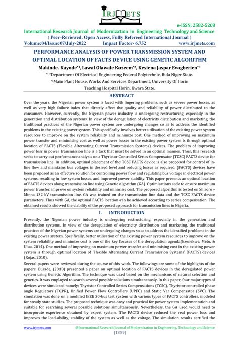 Pdf Performance Analysis Of Power Transmission System And Optimal Location Of Facts Device