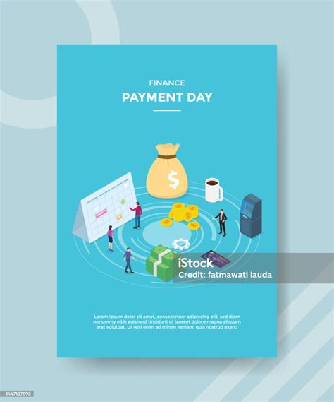 금융 지불 일 사람들은 템플릿 전단지와 인쇄 배너 표지 책 책 현대 평면 스타일에 대 한 돈 가방 주위에 앞 달력 서 3차원