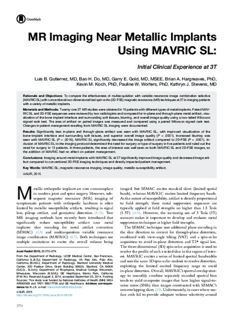 Pdf Mr Imaging Near Metallic Implants Using Mavric Sl Initial