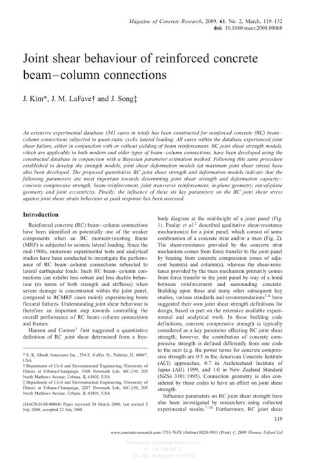 Pdf Joint Shear Behavior Of Rc Beam Column Connections