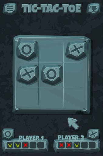 Tictactoe 스톤 스타일 커서 화살표가 있는 Ui 게임 벡터 만화 전략 게임 Noughts And Crosses 모바일 게임 개발 Ui를 위한 보드 로직 게임입니다 0
