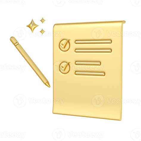 Golden Checklist Document Icon 3d Rendering Of A Golden Checklist With A Pen Symbolizing The
