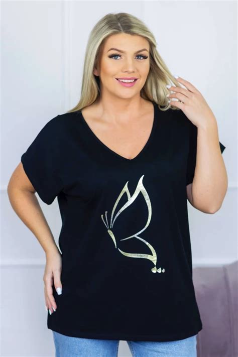 T Shirt Damski Plus Size W Kolorze Czarnym Dekolt V Neck Złoty Motyl
