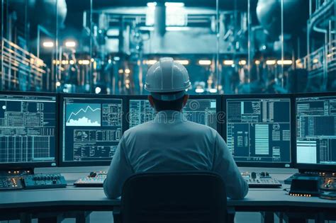 Industrial Engineer Monitoring Progress Expert Engineer In Hard Hat At Control Panel With