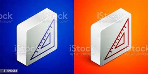 파란색과 주황색 배경에 격리된 등대선 삼각형 눈금자 아이콘입니다 스트레이트 엣지 기호입니다 기하학적 기호 실버 스퀘어 버튼 벡터