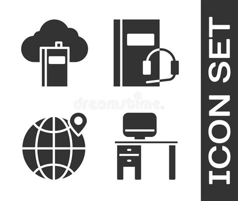 Set Computer Monitor And Desk Cloud Or Online Library Location On The Globe And Audio Book