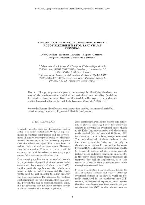 Pdf Continuous Time Model Identification Of Robot Flexibilities For Fast Visual Servoing