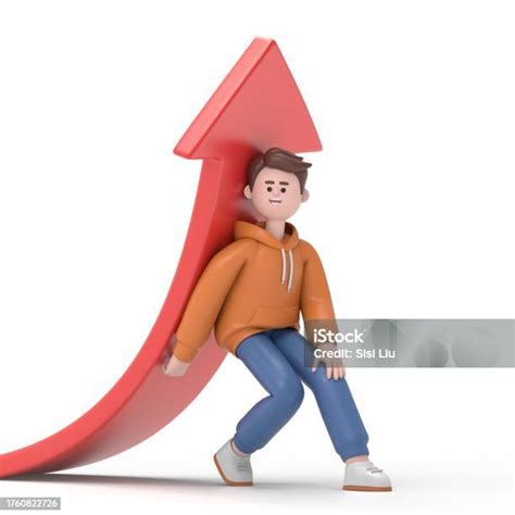 빨간 화살표를 들어 올리는 남성 남자 카디르의 3d 그림 흰색 배경에 3d 렌더링 가공의 인물에 대한 스톡 사진 및 기타 이미지