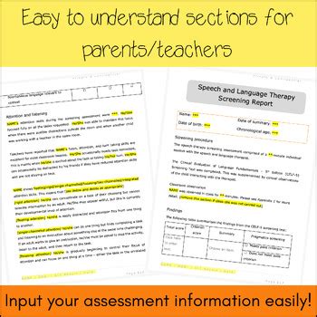 CELF Screener Assessment Report Template Speech And Language Therapy SLT