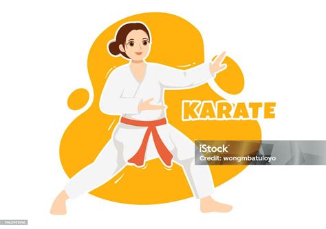 기본적인 가라테 무술 동작 싸우는 포즈 랜딩 페이지 템플릿 일러스트레이션을 위해 손으로 그린 만화에 기모노를 입는 사람들 가라테에 대한 스톡 벡터 아트 및 기타 이미지