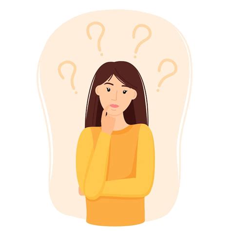 물음표 벡터 일러스트와 함께 생각하는 여자 프리미엄 벡터