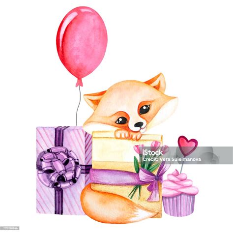 꽃 과자 선물귀여운 여우와 수채화 그림 인사말 카드 초대장 어린이 직물 및 포스터를 인쇄합니다 0명에 대한 스톡 벡터 아트 및 기타 이미지 Istock