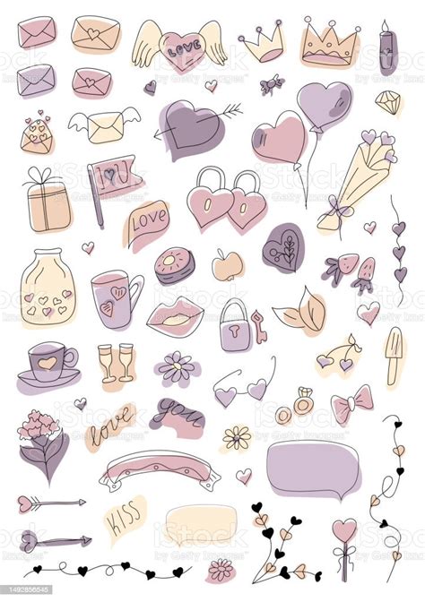 흰색 배경에 장식에 대한 사랑의 주제로 손으로 그린 낙서의 벡터 그림 엽서 포스터 템플릿을위한 색상 장식이있는 다양한 요소 격리된 벡터 요소입니다 낙서 드로잉에 대한 스톡
