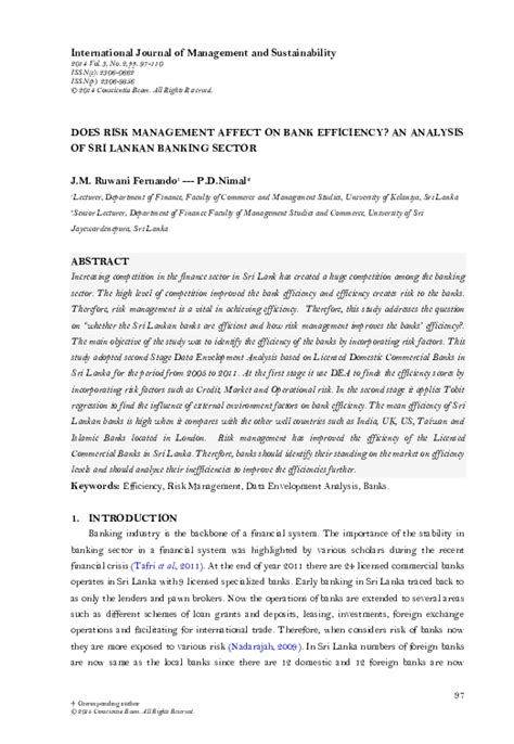 Pdf Does Risk Management Affect On Bank Efficiency An Analysis Of Sri Lankan Banking Sector