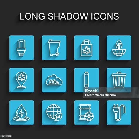 세트 라인 물 에너지 지구 지구본과 잎 Led 전구 배럴의 방사성 폐기물 전기 플러그 Co2 배출 구름 쓰레기통 및 형광등 아이콘 벡터 0명에 대한 스톡 벡터 아트 및 기타