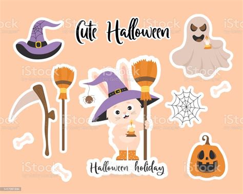 할로윈 스티커 컬렉션 빗자루와 촛불 호박 등불 잭 거미줄 유령 마녀 모자 낫과 빗자루가있는 마녀 모자의 귀여운 토끼 캐릭터 장식 디자인을위한 격리 된 벡터 요소 10월에