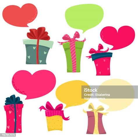 발렌타인 데이 생일 또는 기념일텍스트 거품선물 상자 세트 벡터는 흰색 배경에서 격리됩니다 개체 그룹에 대한 스톡 벡터 아트 및