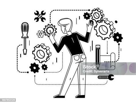 프로젝트에서 일하는 엔지니어 초안 계획 벡터 개요 그림 창의적인 발명가 기계 수리에 대한 작업을 수행하는 정비사 전문가 개발에 대한 스톡 벡터 아트 및 기타 이미지 Istock