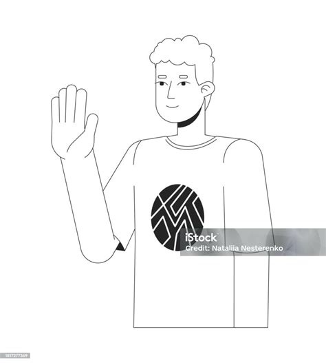곱슬 곱슬 백인 젊은이가 행복한 흑백 2d 라인 만화 캐릭터를 흔들고 있습니다 2차 도형에 대한 스톡 벡터 아트 및 기타 이미지