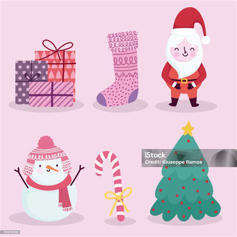 메리 크리스마스 아이콘 세트 산타 눈사람 사탕 지팡이 양말 선물과 나무 겨울에 대한 스톡 벡터 아트 및 기타 이미지 겨울 계절 공휴일 Istock