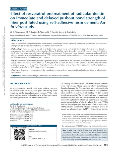 Pdf Effect Of Resveratrol Pretreatment Of Radicular Dentin On Immediate And Delayed Pushout