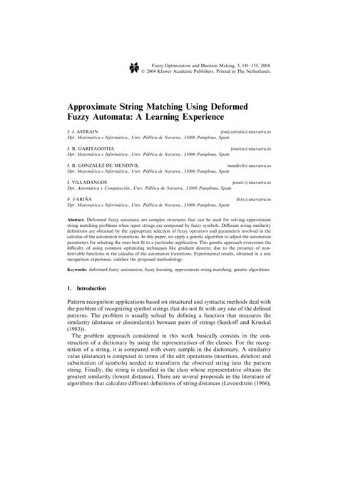 Pdf Approximate String Matching Using Deformed Fuzzy Automata A