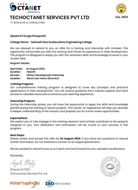 Ujwala Sri Durga Pasupuleti On Linkedin Octanet Pythondevelopment Srgec Internship