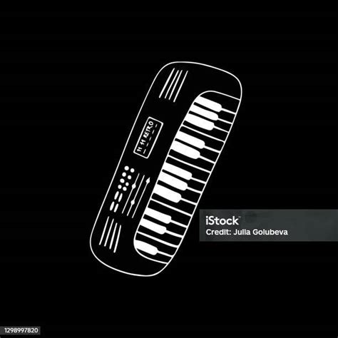 검은 색 배경에 고립 된 흰색 피아노 악기 키보드 손으로 그린 그림 신디사이저 어쿠스틱 오디오 클래식 코드 재즈 콘서트 멜로디 하모니 벡터 윤곽선 아트 Classical