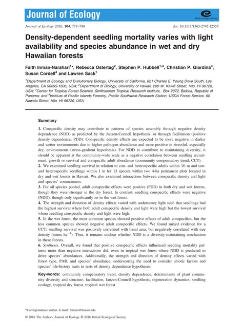 Pdf Density Dependent Seedling Mortality Varies With Light Availability And Species Abundance