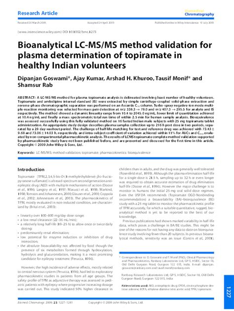 Pdf Bioanalytical Lc Ms Ms Method Validation For Plasma Determination Of Topiramate In Healthy