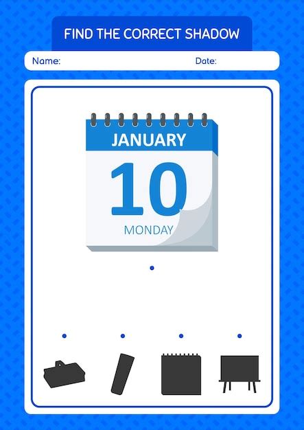 미취학 아동 아동 활동 시트용 캘린더 워크시트로 올바른 그림자 게임 찾기 프리미엄 벡터