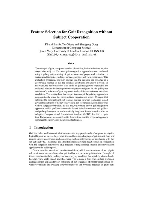 Pdf Feature Selection For Gait Recognition Without Subject Cooperation