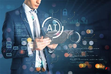 Close Up Of Male Hands Using Tablet With Glowing Blurry Ai Hologram With Binary Coding On Blurry