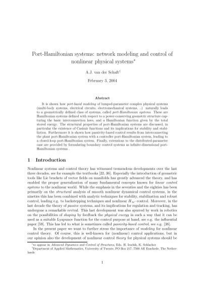 Port Hamiltonian Systems Network Modeling And Control Of