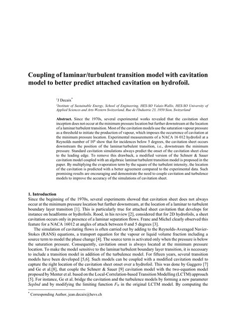 Pdf Coupling Of Laminarturbulent Transition Model With Cavitation Model To Better Predict