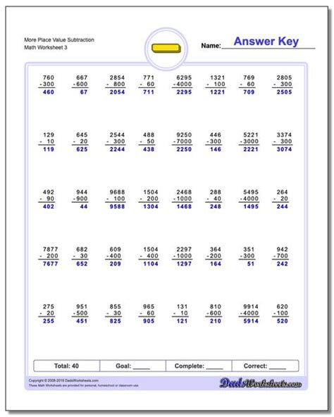Place Value Subtraction Worksheets