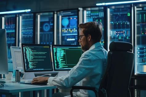 Premium Photo Male It Programmer Working On Computer In Data Center