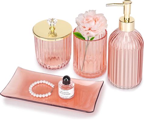 Pink Bathroom Accessories Set 4pcs Glass Bathroom Decor