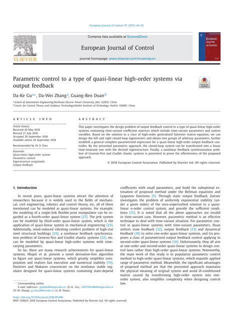 PDF Parametric Control To A Type Of Quasi Linear High Order Systems Via Output Feedback